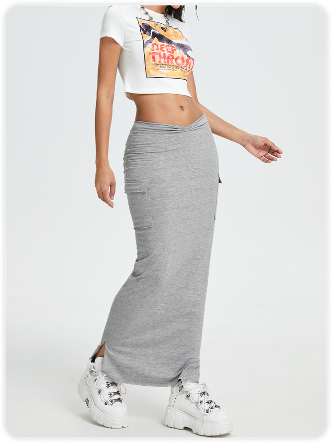 Street Gray Wrinkled Side Slit Bottom Skirt | kollyy