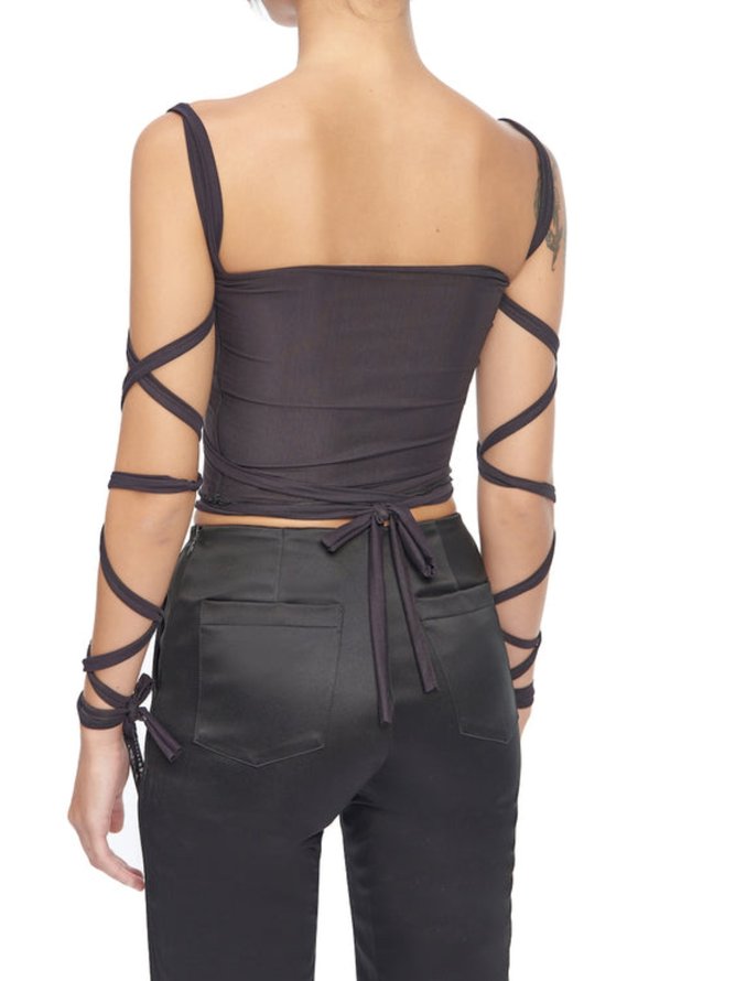 Y2K Deep Gray Lace-Up Design Tie-Up Top Tank Top & Cami | kollyy